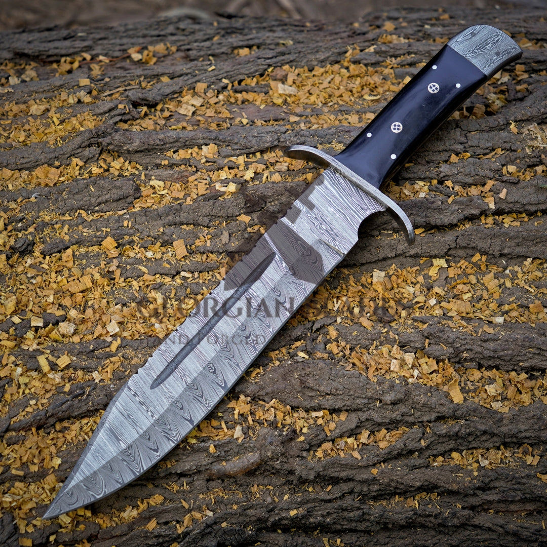 Frontier Finder: 15" Handmade Damascus Steel Bowie Knife- Buffalo Horn ...