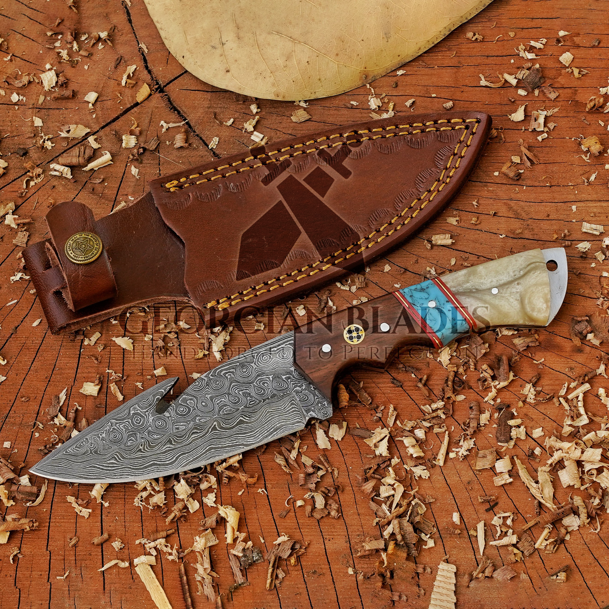 Hand Forged Damascus Steel Hunting Knife with Leather Sheath | Georgian ...