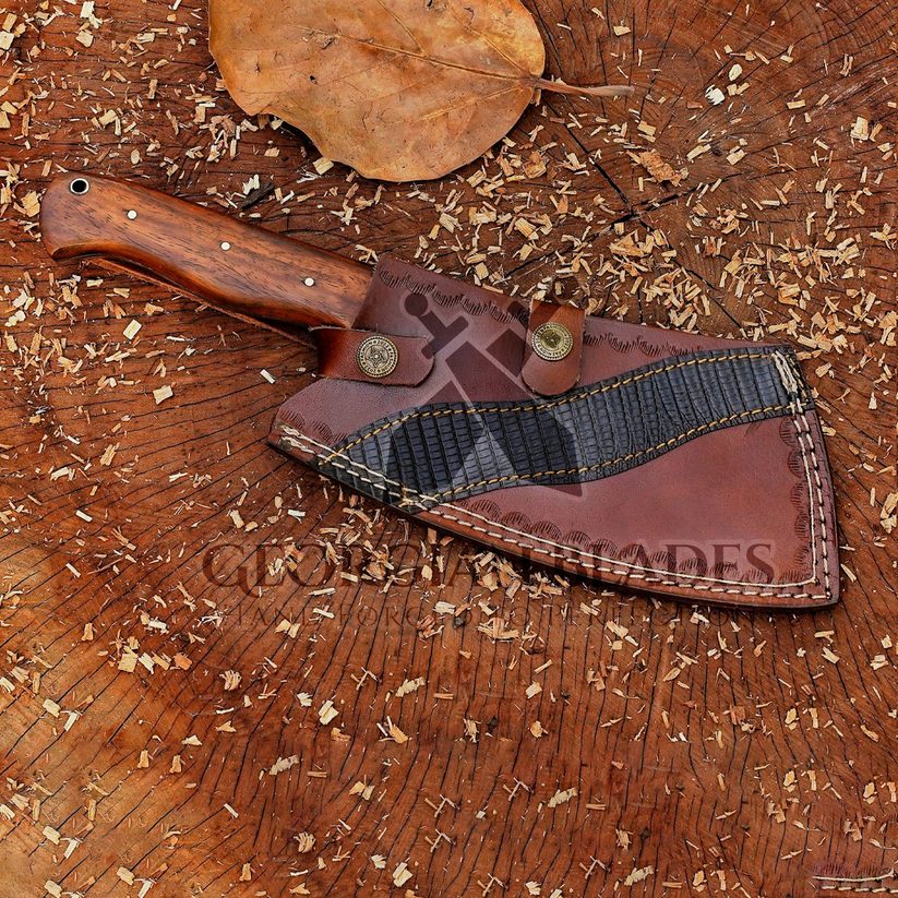 Savage Serenity: 10" Damascus Meat Cleaver with Dark Wood Handle & Lea ...