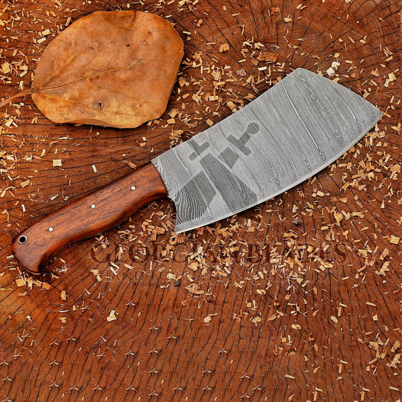 Savage Serenity: 10" Damascus Meat Cleaver with Dark Wood Handle & Lea ...