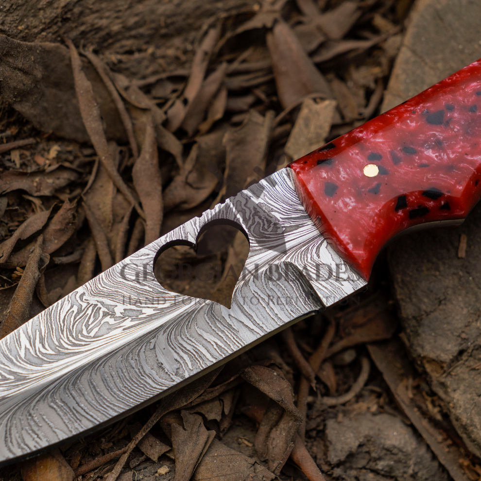 Heart Blade: 9" Full Tang Hand Forged Fixed Blade Gut Hook Damascus St ...