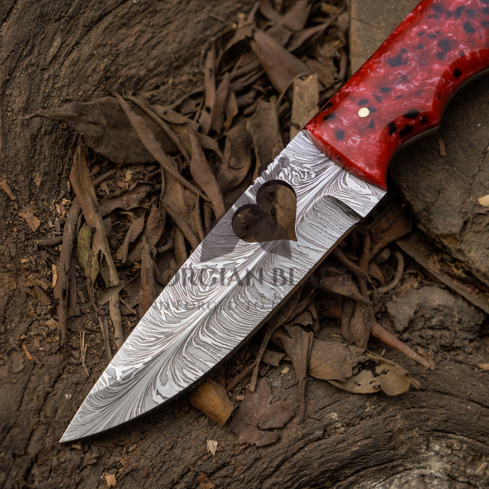 Heart Blade: 9" Full Tang Hand Forged Fixed Blade Gut Hook Damascus St ...