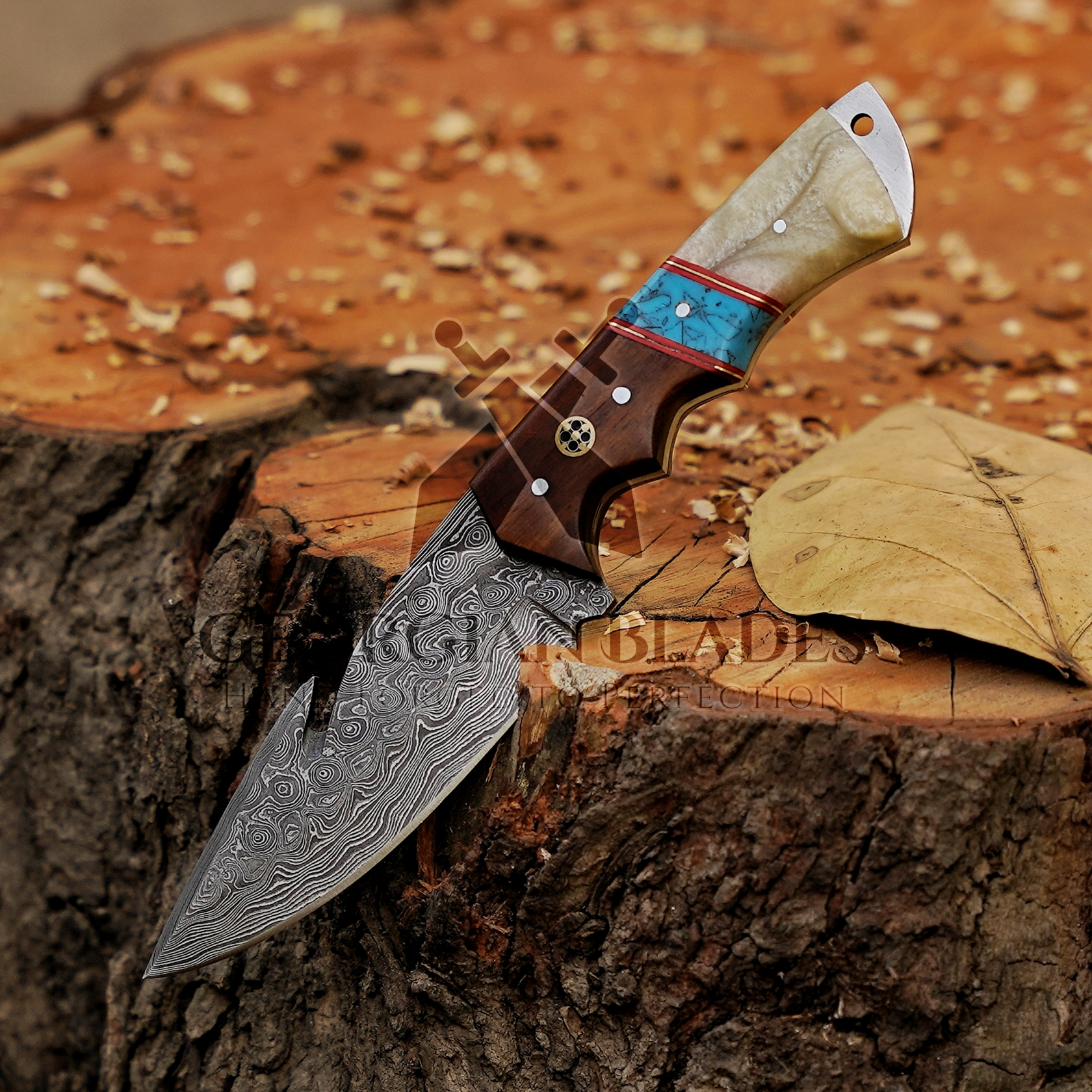 Hand Forged Damascus Steel Hunting Knife with Leather Sheath | Georgian ...