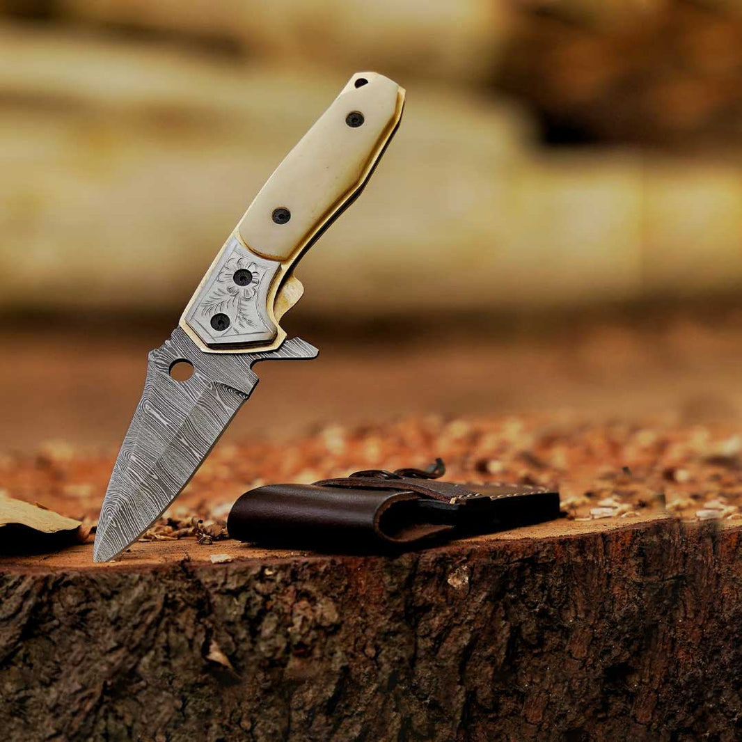 Handmade Folding Knives | Damascus Folding Knives with Leather Sheath ...