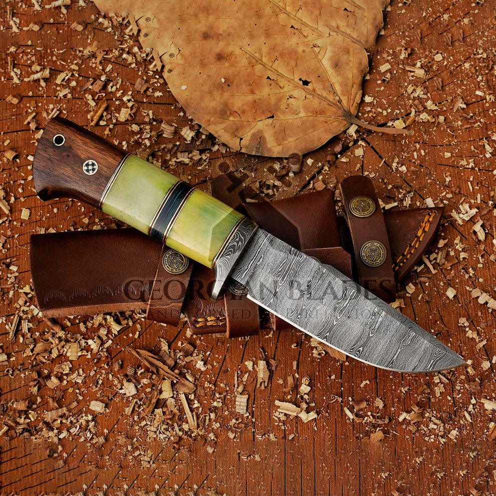 Nature's Bladebearer - 10" Hand Forged Damascus Hunting Knife with Lea ...