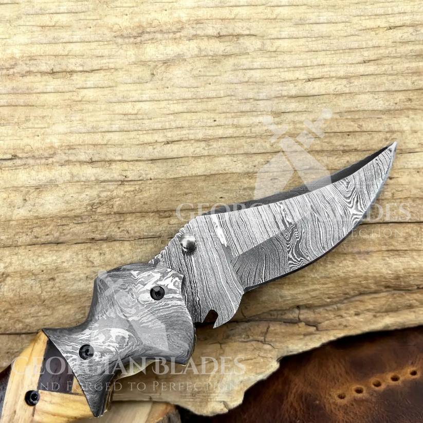 Kit Carson - 7 inches Custom Hand Forged Damascus Folding Knife Damasc ...