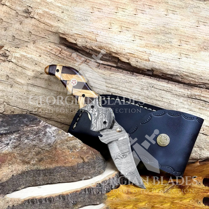 Kit Carson - 7 inches Custom Hand Forged Damascus Folding Knife Damasc ...