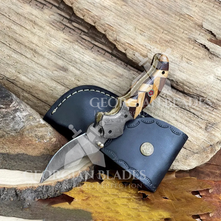 Kit Carson - 7 inches Custom Hand Forged Damascus Folding Knife Damasc ...