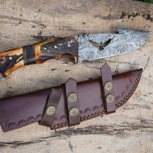 Hand Forged Full Tang Damascus Steel Hunting Knife with Gut Hook ...