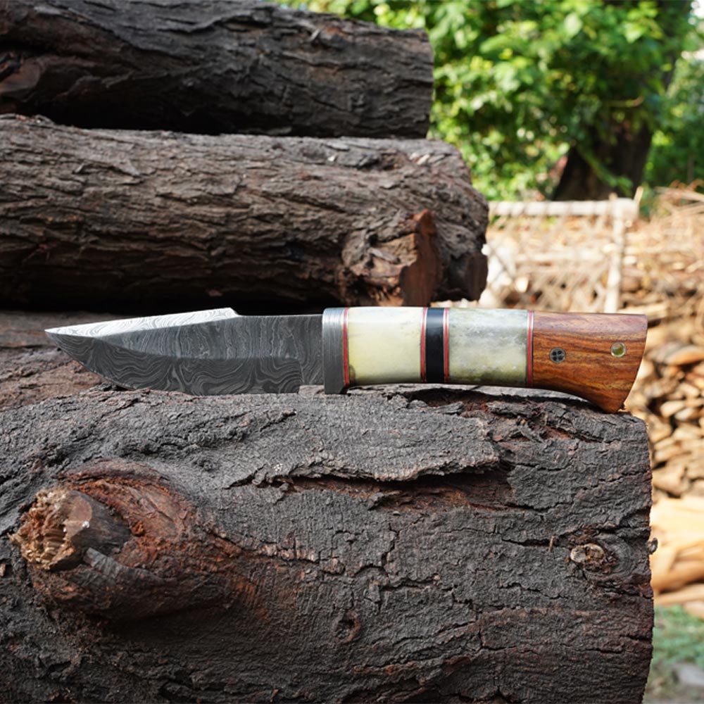 Hand Forged Damascus Steel Hunting Knife with Wood and Camel Bone and ...