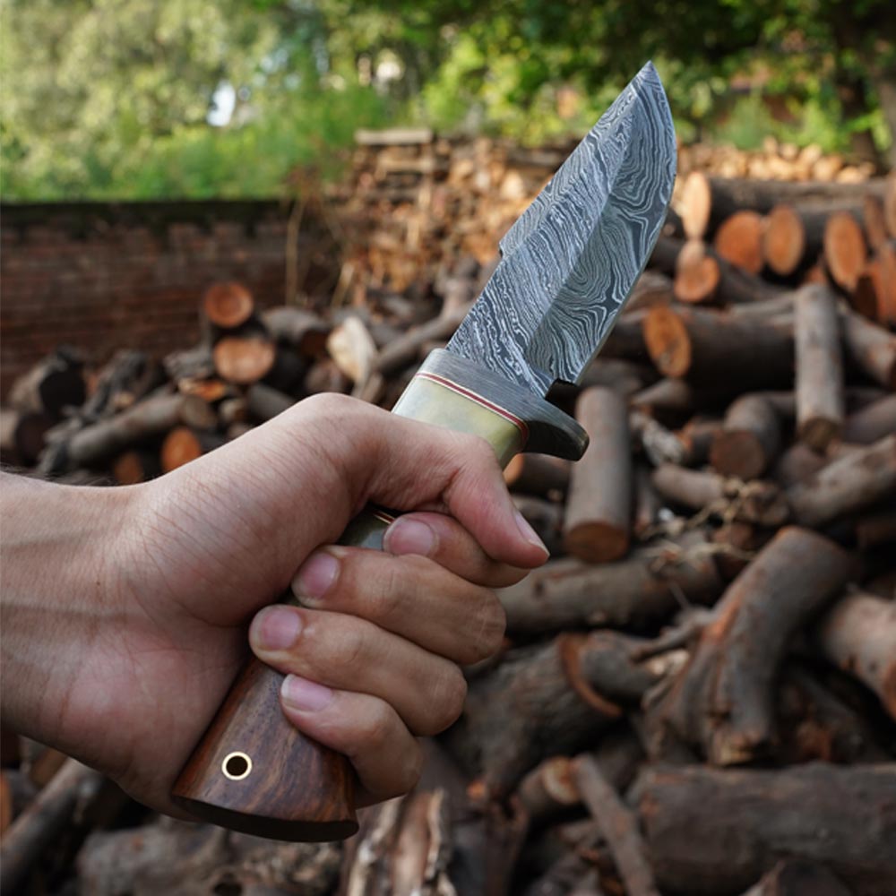 Hand Forged Damascus Steel Hunting Knife with Wood and Camel Bone and ...