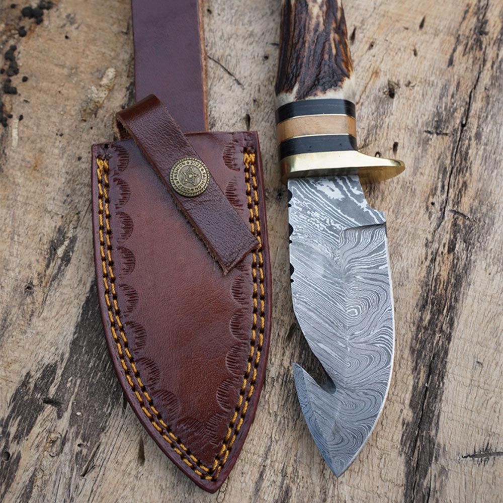 Handmade Drop Point Hunting Knife with Gut Hook and Stag Horn Handle ...